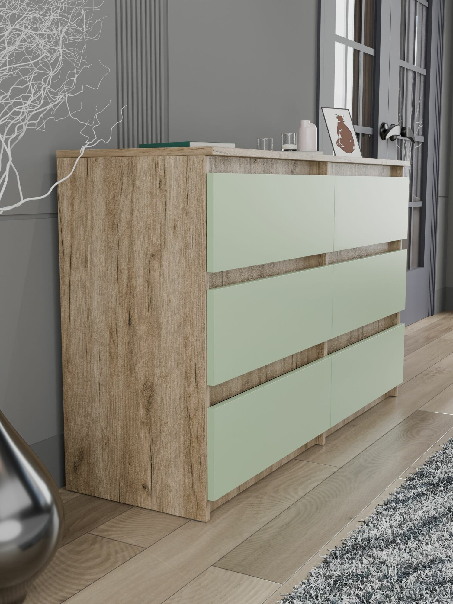 Комод для белья и одежды орлан 6 ящиков, 120х76.4х40 см, дуб крафт серый-мятный