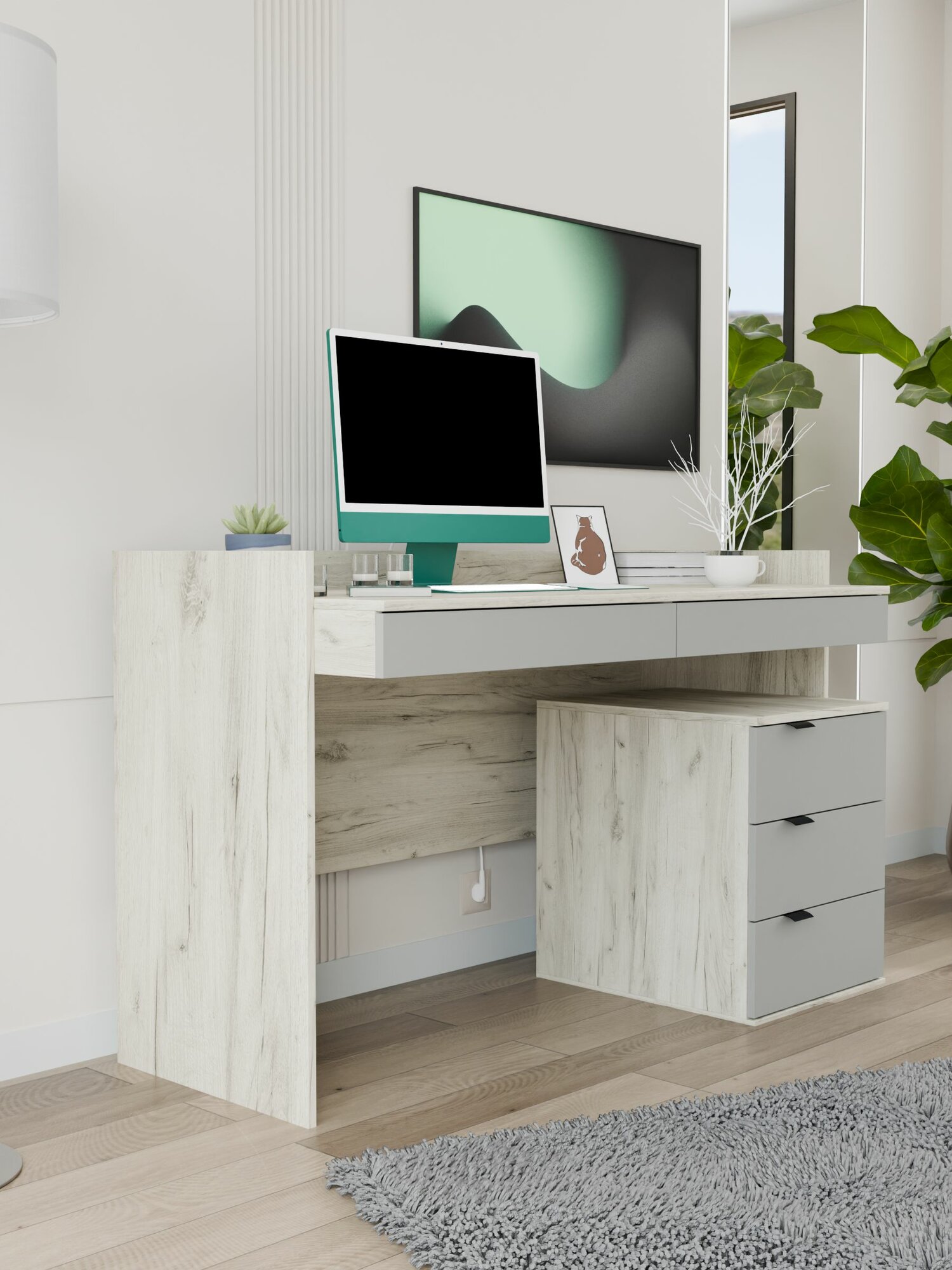 Изумлит Стол компьютерный для офиса и дома Бастион 140х87х64.5 см, корпус+столешница-дуб крафт белый/фасад-шиншилла серая