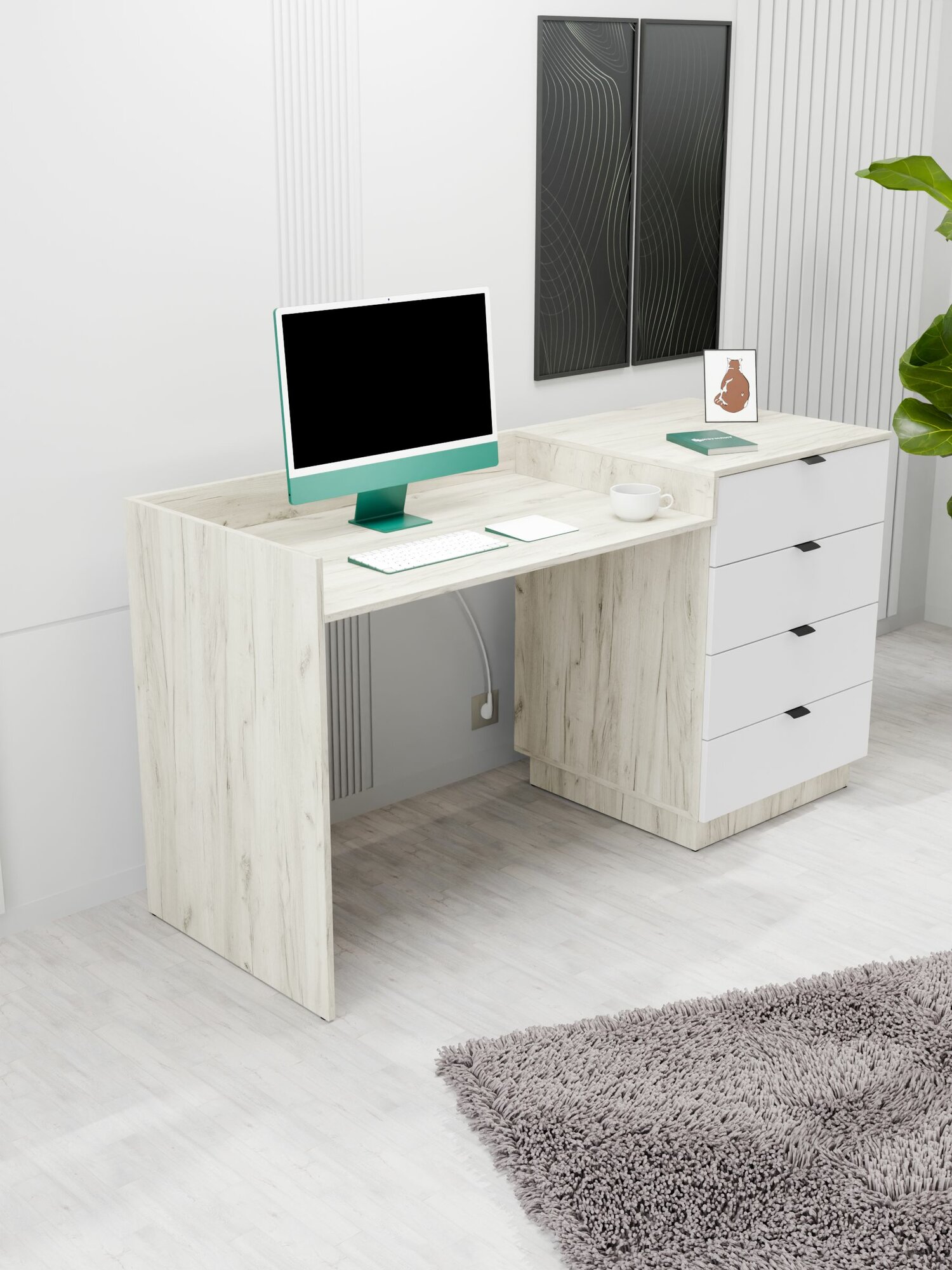 Изумлит Стол письменный для офиса и дома Бридж 163.2х86.6х60 см, дуб крафт белый - белый