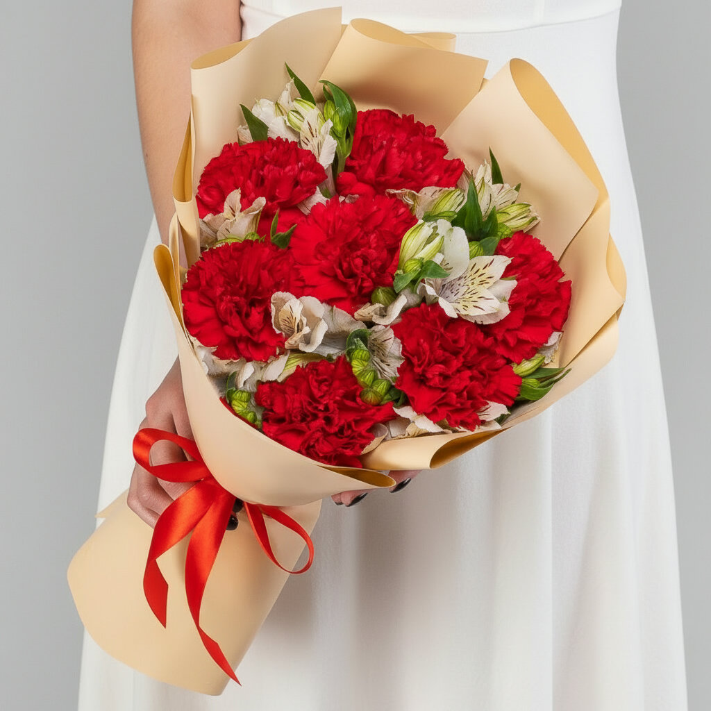 Букет "Альстромерии Белые и Гвоздики Красные" размер S