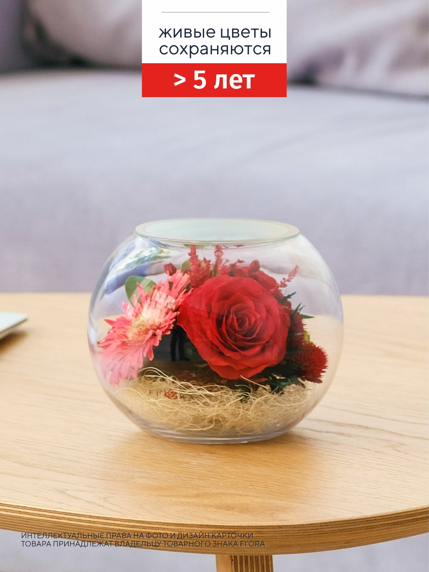 Композиция из живых цветов в герметичной вазе 11.6 см, сохраняется от 5 лет, серия Granity 5739