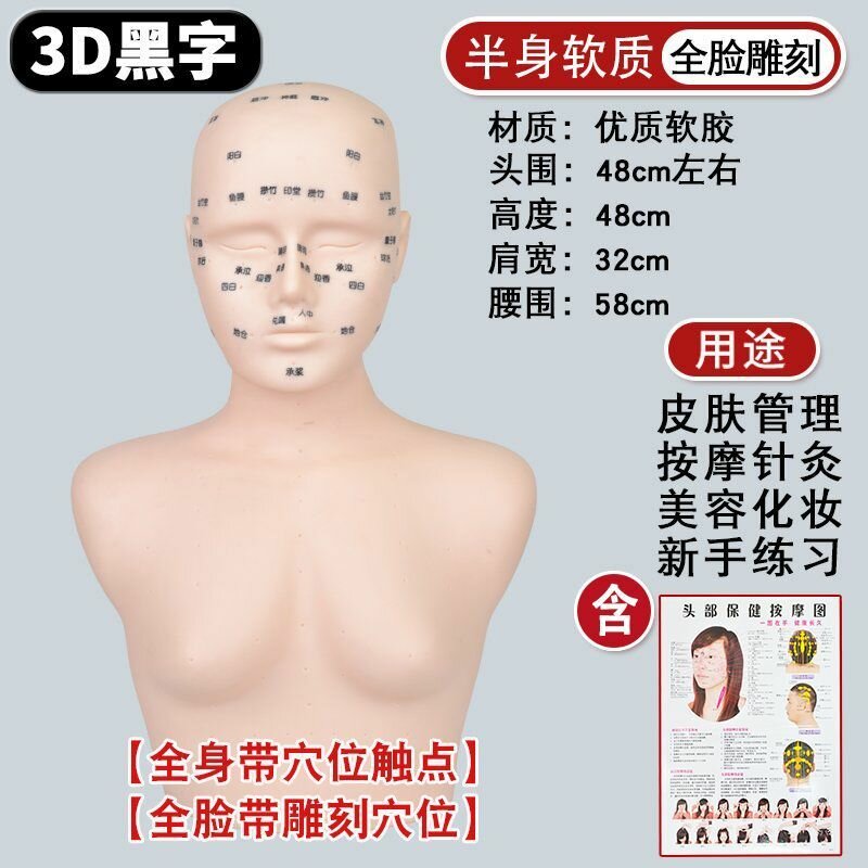 Манекен для ухода за кожей для салона красоты, для изучения техник массажа акупунктурных точек лица, лысая модель с плечами.