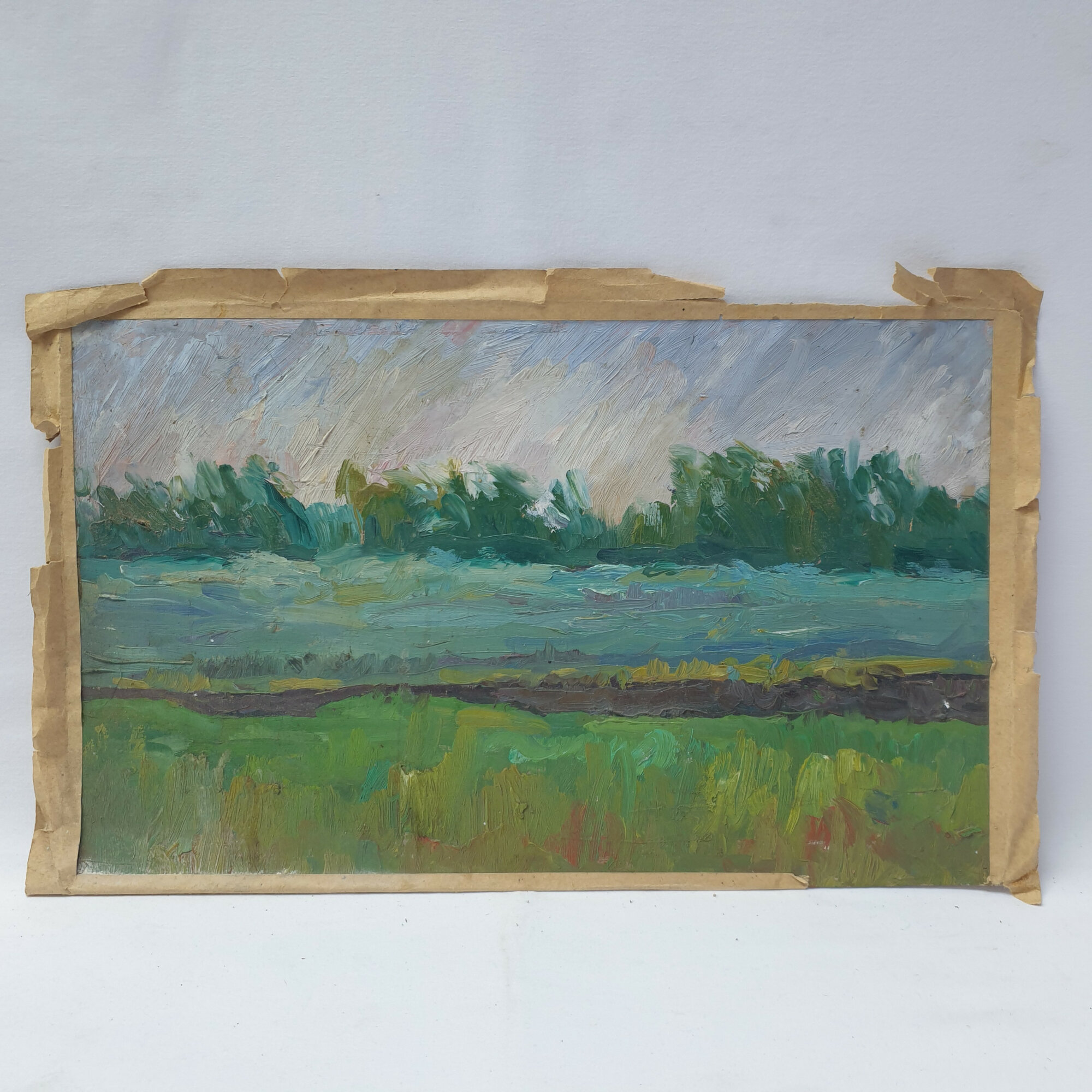 Винтажная картина Осеннее поле, картон, масло, 25х40 см. СССР