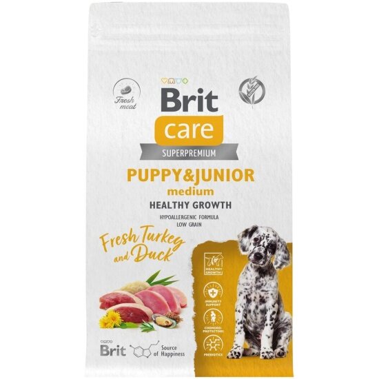 Корм сухой для щенков, беременных и кормящих собак средних пород Brit CARE Dog Puppy&Junior M Healthy Growth с индейкой и уткой 3 кг