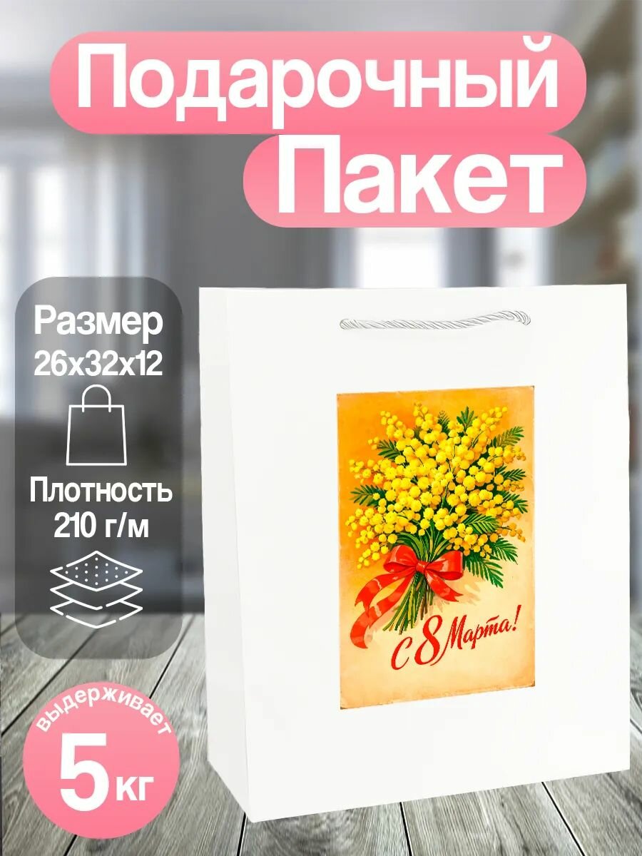 Пакет подарочный 8 марта, упаковка для подарка, 26х31 см