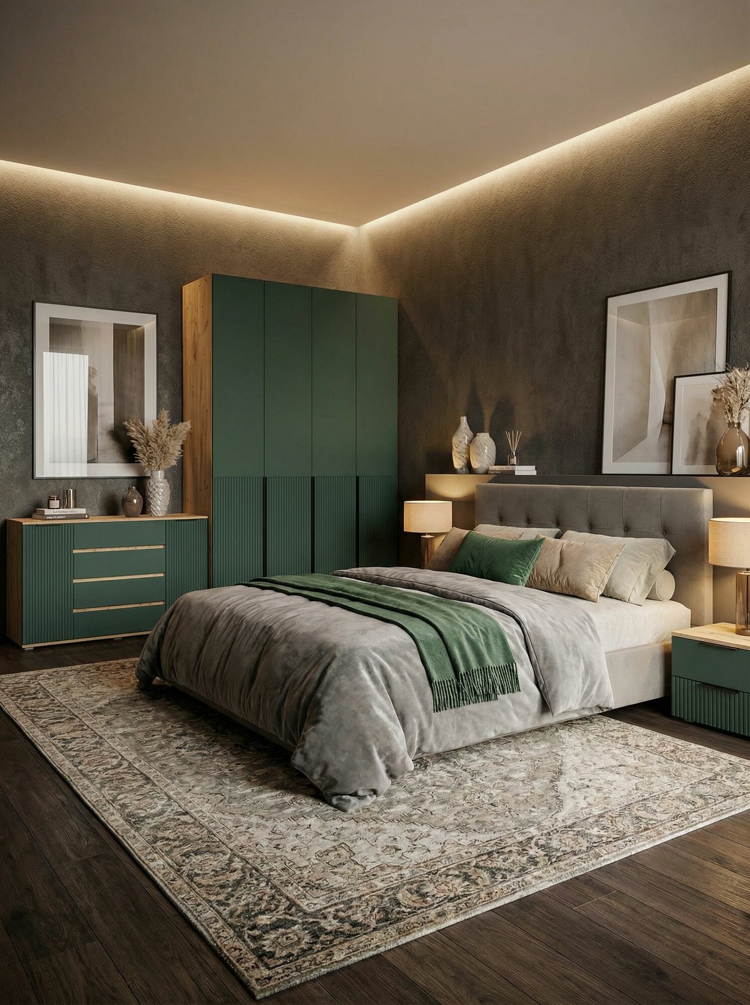 Комплект мебели для спальни Марвэл (комплект 2) (Браш Мени Грин, Дуб Крафт)