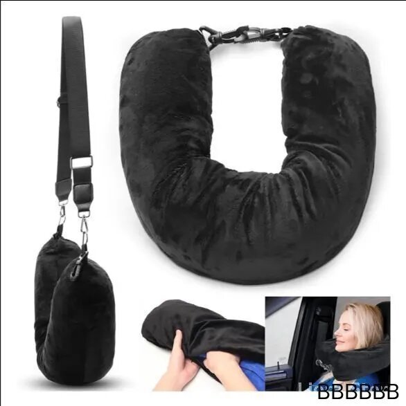 Подушка для шеи Travel Neck Pillow Black Велюр для путешествий, поддержка шеи, дорожная подушка для сна, удобная подушка — фото 1