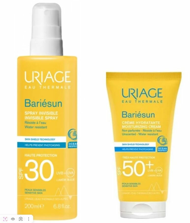 URIAGE барьесан набор: Невидимый спрей SPF30, 200 мл + Увлажняющий крем без ароматизаторов SPF50, 50 мл