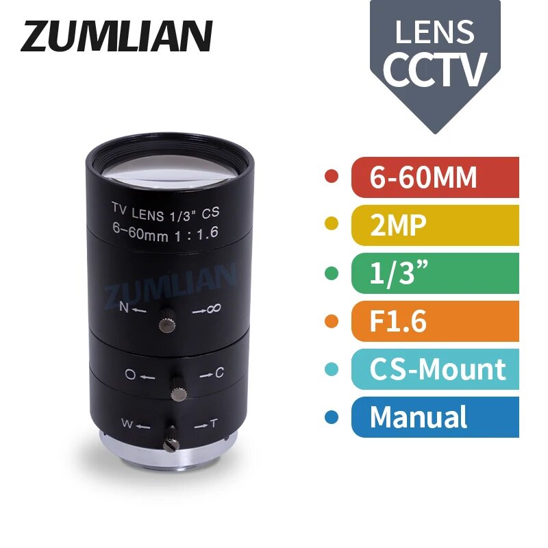 ZUMLIAN 6-60 мм с переменным фокусным расстоянием, камера с креплением CS, 1/3-дюймовые зум-объективы, 2-мегапиксельные камеры видеонаблюдения F1,6 с ручной диафрагмой для камер наблюдения