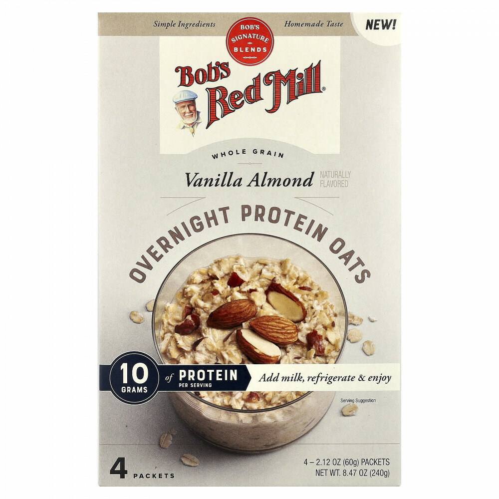 Bob's Red Mill, Overnight Protein Oats, цельнозерновые продукты, ваниль и миндаль, 4 пакетика по 60 г (2,12 унции)