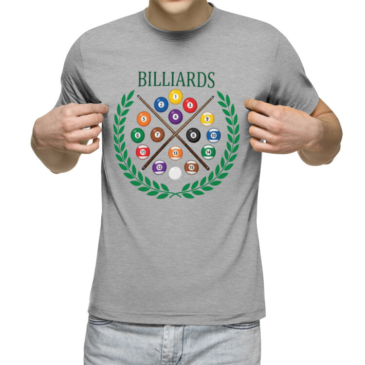 Мужская футболка «Эмблема Billiards принт для любителей бильярда» (серый меланж, L)