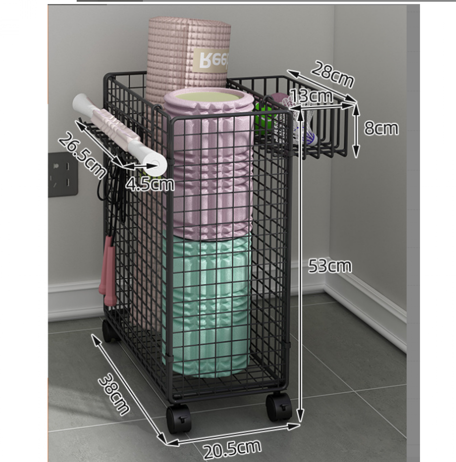 Корзина напольная MyPads для хранения спортивного инвентаря, черная на колесиках, металлическая сетка