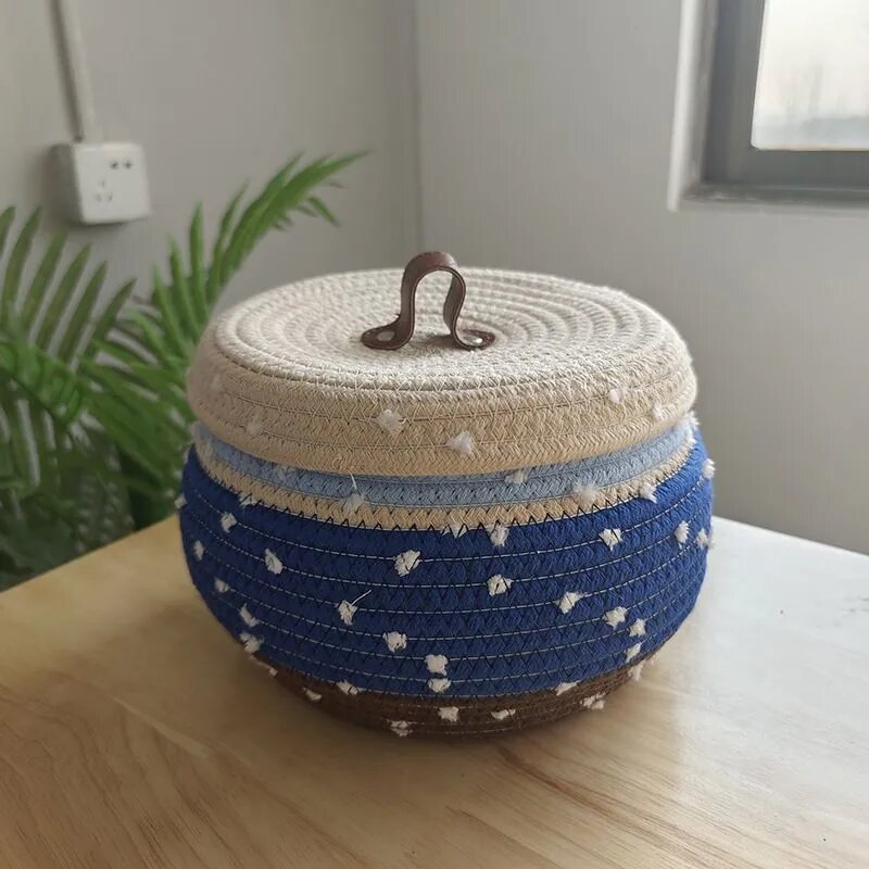 Контейнер для хранения вещей, круглый, 25x16 см, для хранения мелочей, бежевый/синий