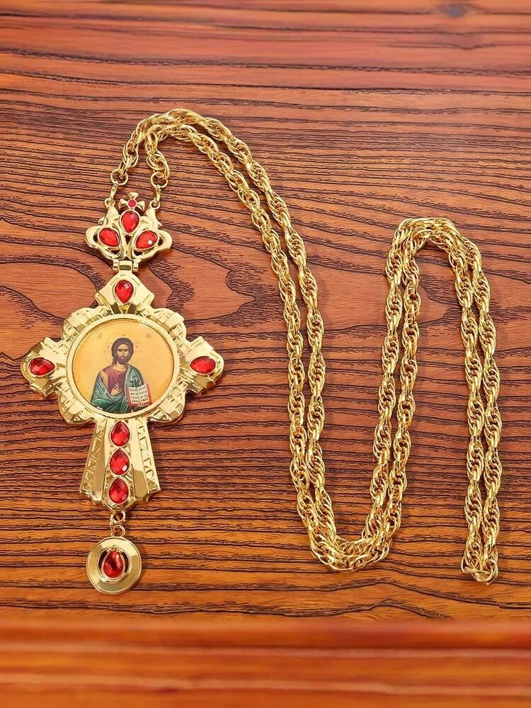 Крест наперсный "Воскресенский" Золотой с красными камнями. Православный нательный крестик.