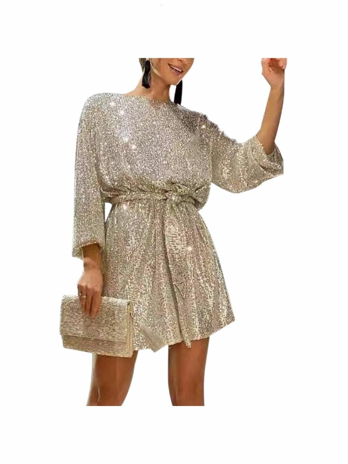 Блестящее вечернее платье с блестками и поясом, бледно - золотой - XXL