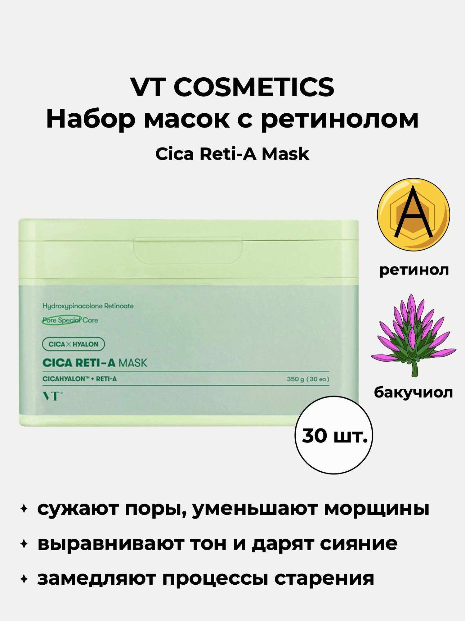 VT COSMETICS Набор тканевых масок для сужения пор с ретинолом Cica Reti-A Mask (30 шт.)