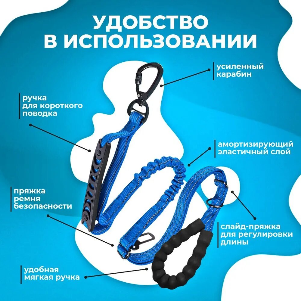 Поводок для собак антирывковый для средних и крупных пород, 1,5 м, синий