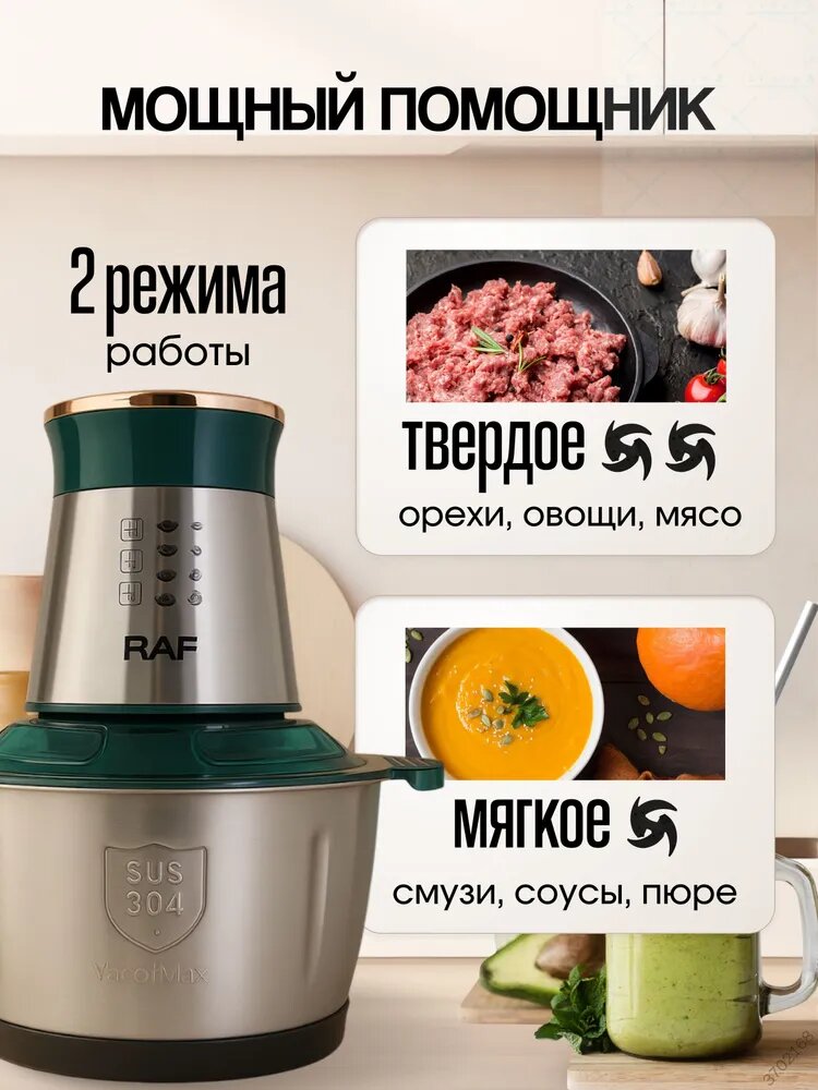 Измельчитель кухонный электрический RAF, 2 режима скорости, 4 лезвия из нержавеющей стали, 2 л чаша. — фото 1