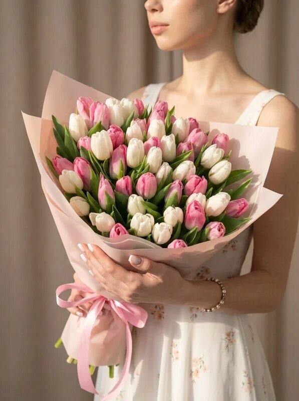 Букет из тюльпанов «Восхищение» — Букет цветов «Восхищение» из белых и розовых тюльпанов