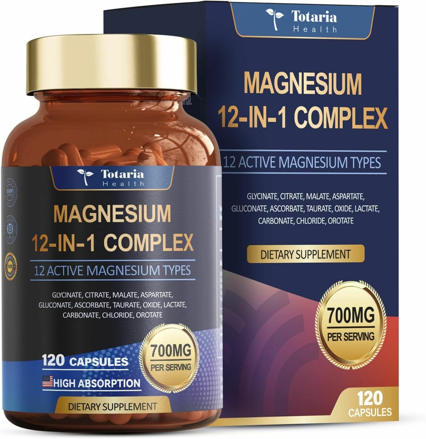 Totaria Magnesium Complex 700 мг 12-в-1 комплекс магния: глицинат, цитрат, малат, оксид, таурат, аспартат, оротат Для расслабления мышц, поддержки сердца Веганские капсулы 120 капсул