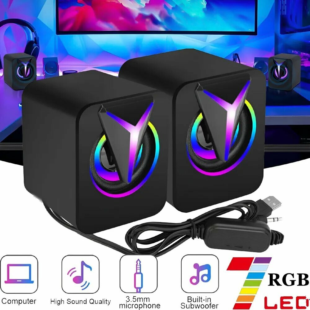 GJX Компьютерные колонки с подсветкой RGB, стерео звук 6 Вт, проводное подключение 3.5 мм, USB питание для ПК и ноутбука.