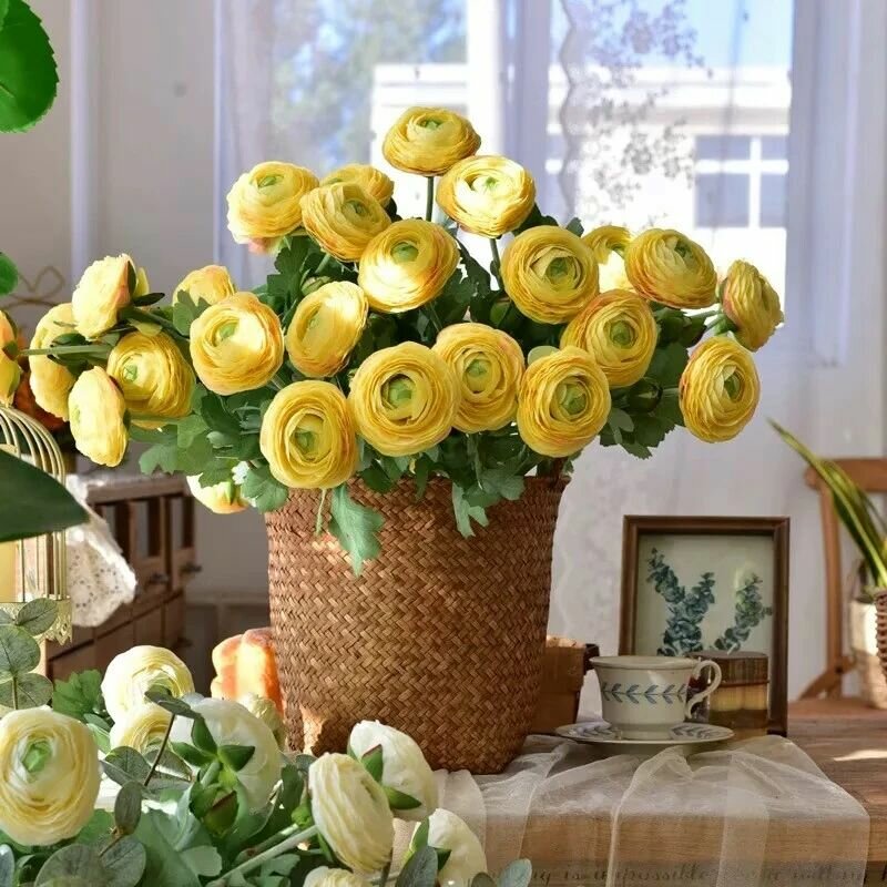 Искусственные цветы Ранункулюс 50 см 2 букета премиум для декора и интерьера желто зеленый