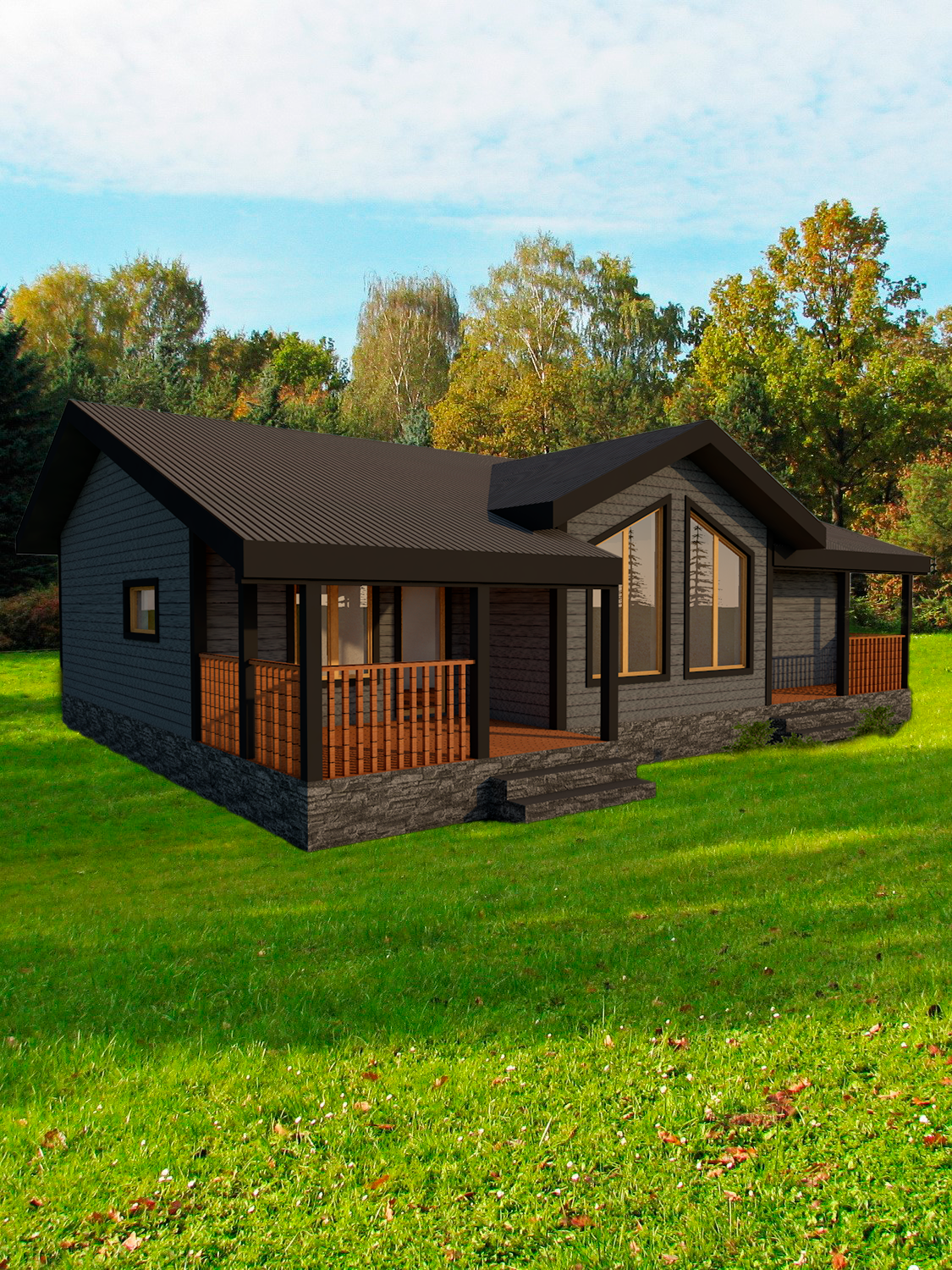 Проект одноэтажного каркасного дома с террасой и вторым светом 13,19х10,55 м