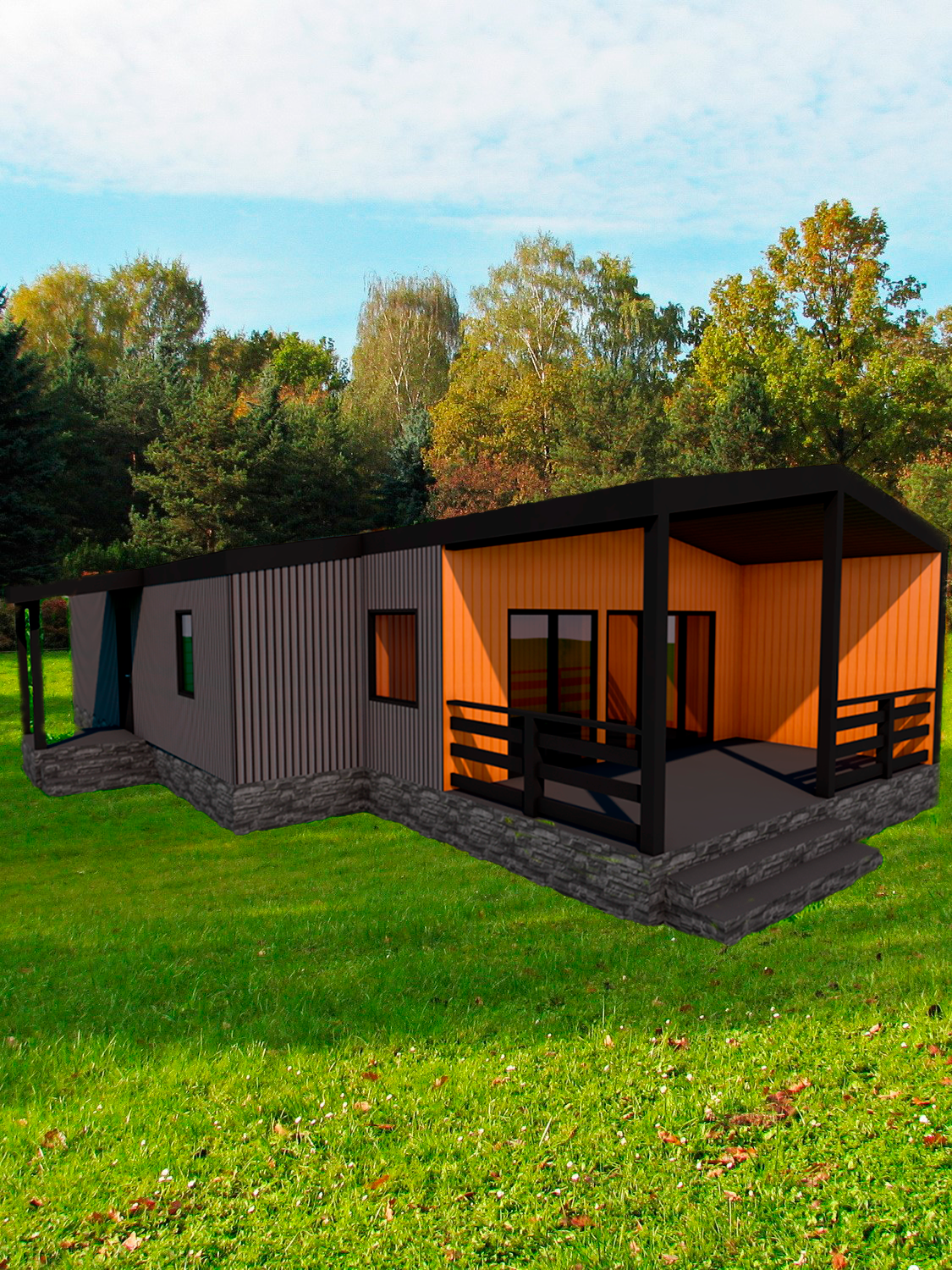 Проект одноэтажного каркасного дома с сауной и террасой 15,88х8,02 м