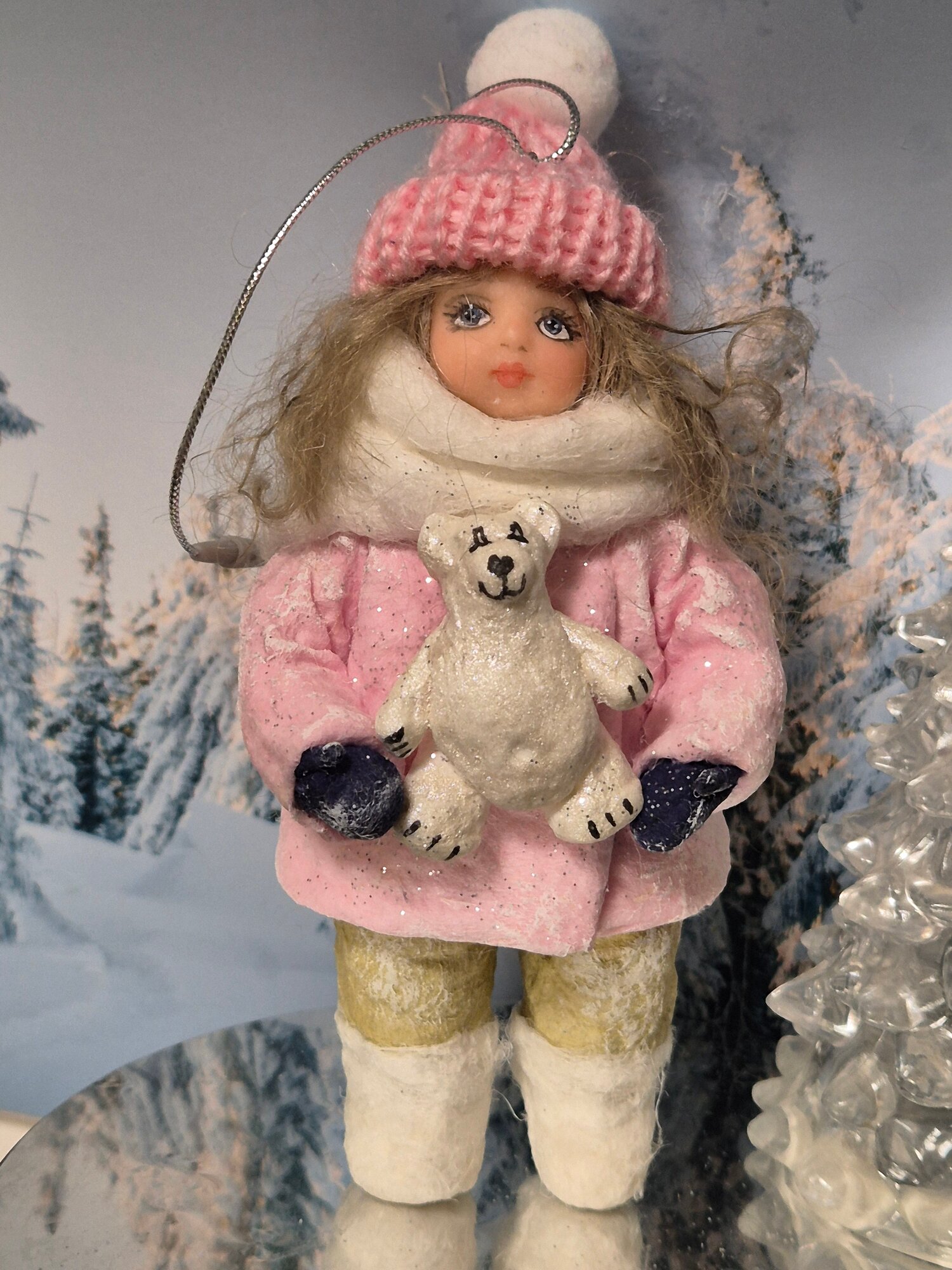 Ёлочная игрушка Affavatta, "Девочка с мишкой", 15см, ручная роспись