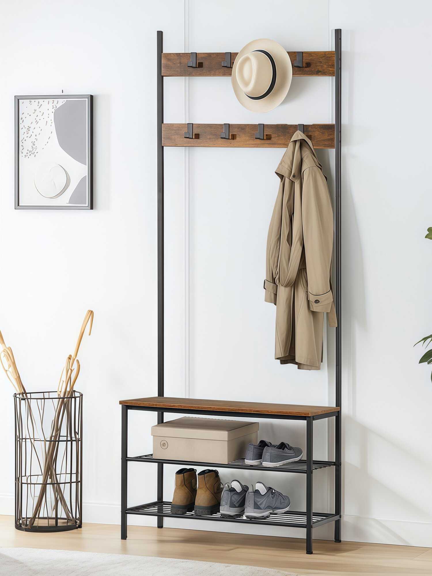 Напольная вешалка для одежды из кованого железа со стеллажом, опорная стойка из квадратной трубы