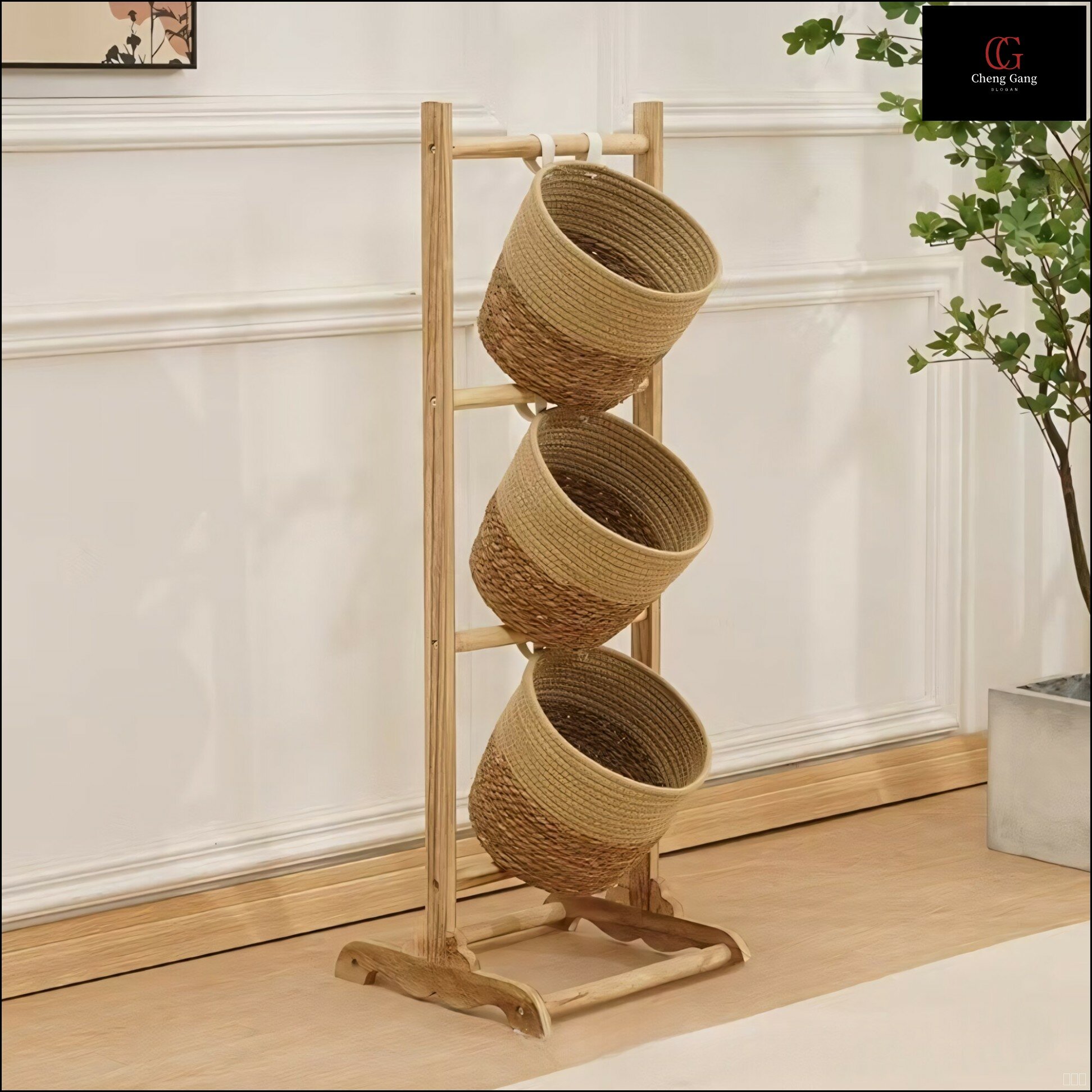 Деревянная этажерка с тремя корзинами из ротанга, цвет пшеничный, 35*35*102 см