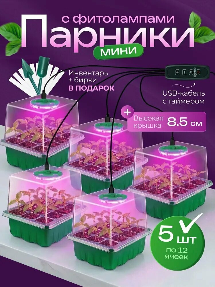 Мини парник для рассады с подсветкой и крышкой, набор 5 шт по 12 ячеек, фитолампа с таймером, мини теплица на подоконник