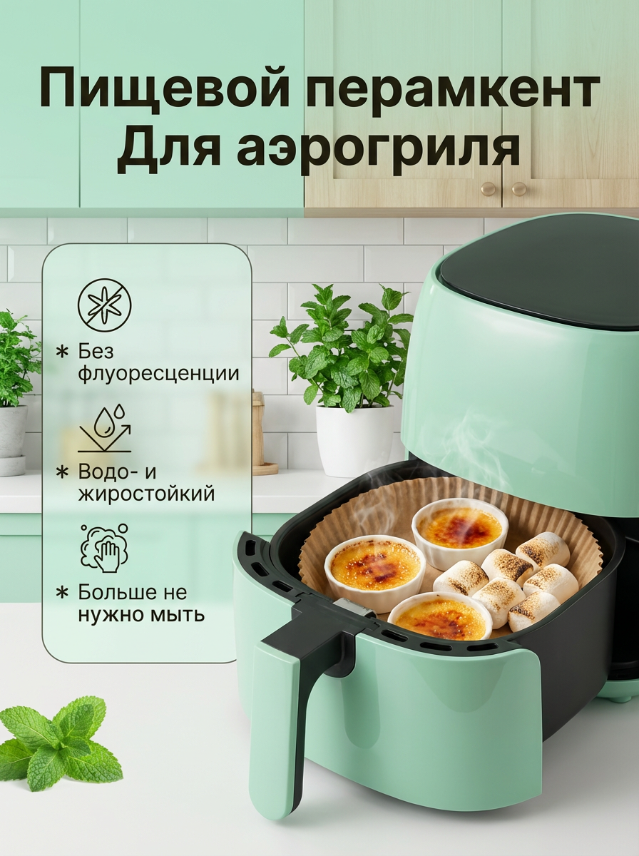 Пергамент вкладыш для аэрогриля, пергаментная бумага для выпечки, форма для выпечки бумажная, цвет бежевый, 20 см, 50 шт