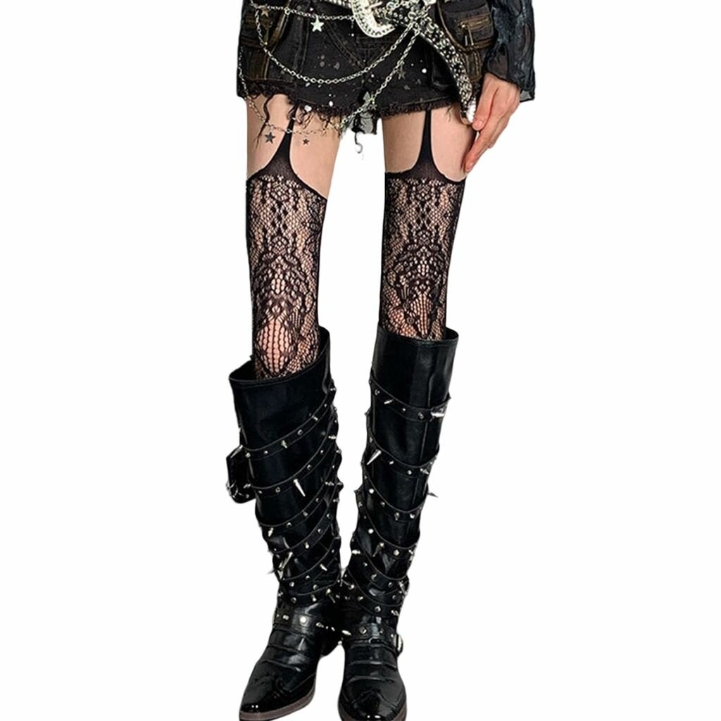 Жаккардовые чулки на подтяжках-черные