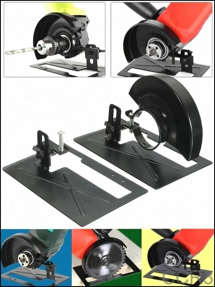 Эксклюзивная стальная подставка адаптирует УШМ в резак, также являясь крышкой для шлифовальной машины и столом для фрезера с циркулярной пилой