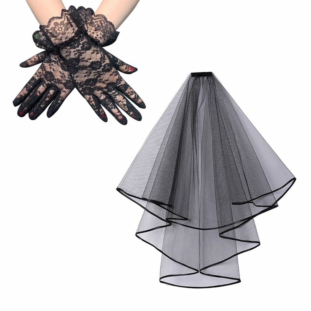 (1 комплект) Кружевные короткие перчатки с вуалью-черный