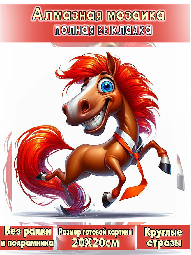 Алмазная мозаика без подрамника и рамки. Картина стразами детская "Лошадь" 20х20 см
