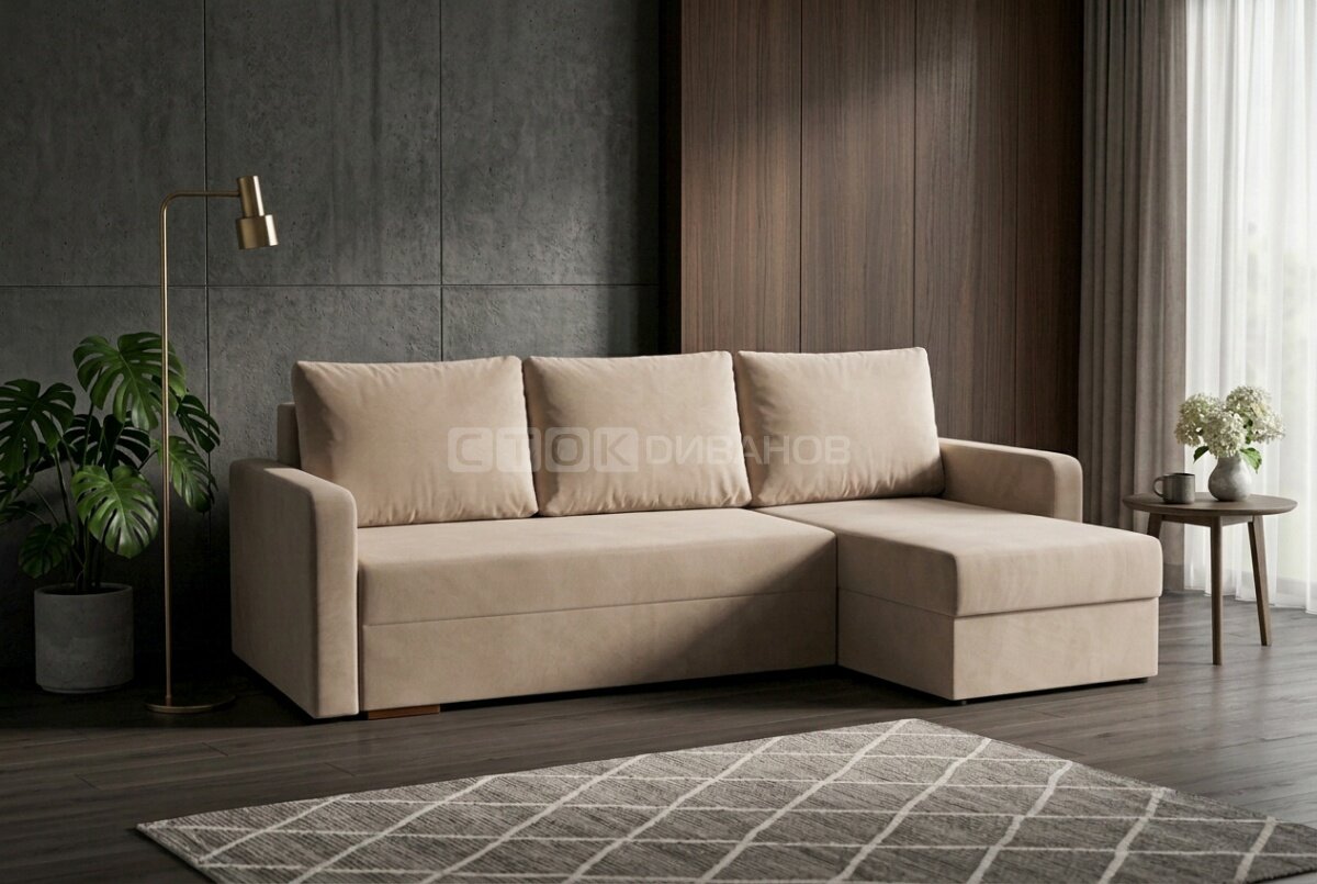 Угловой диван Сток Диванов Соло, светло-бежевый велюр, 230 см, механизм еврокнижка