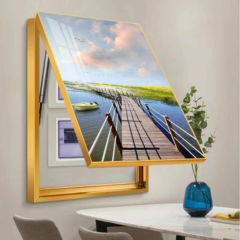 Декоративная картина для электрощита 30x40 см с гидравлической петлей и алюминиевой рамой (Золото/Черный) - Скрывает электрощит 20x30 см, без сверления, водонепроницаемая, для гостиной