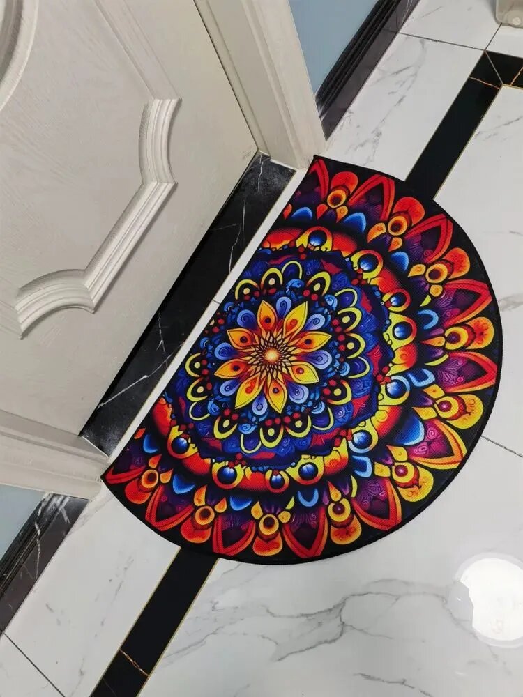 Коврик бохо-шик 3D полукруг 80x50 см - большой этнический принт, для просторного холла, материал FR