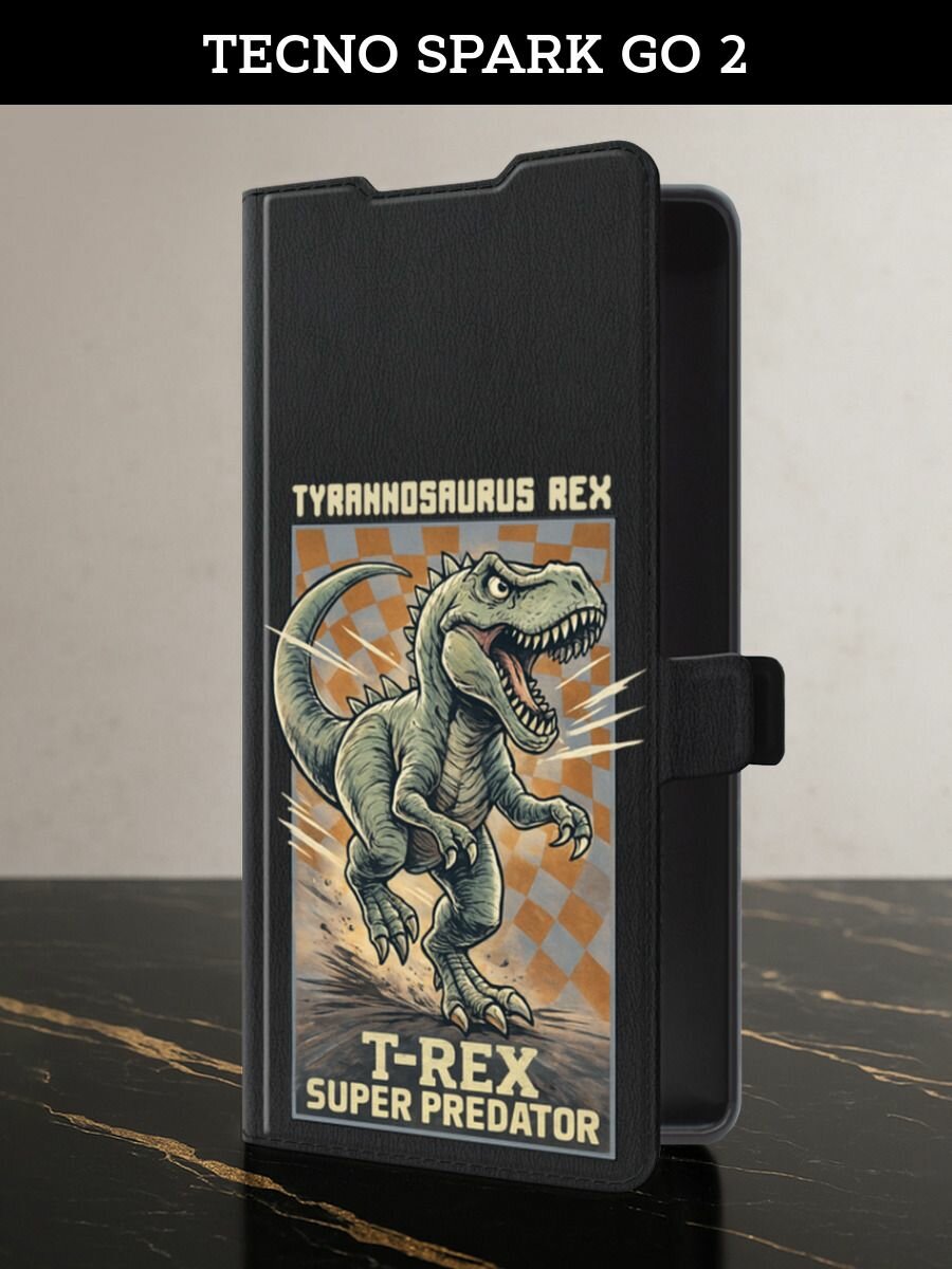 Чехол-книжка на Tecno Spark Go 2 / Текно Спарк Го 2 с принтом Tyrannosaurus Rex, черный