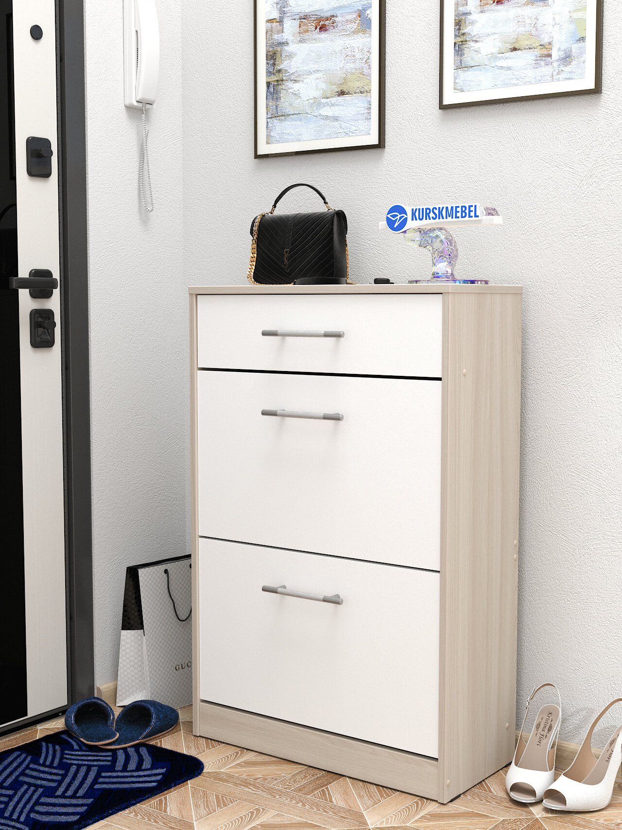 Тумба для обуви №9, обувница (ясень шимо светлый/белый), Курскмебель