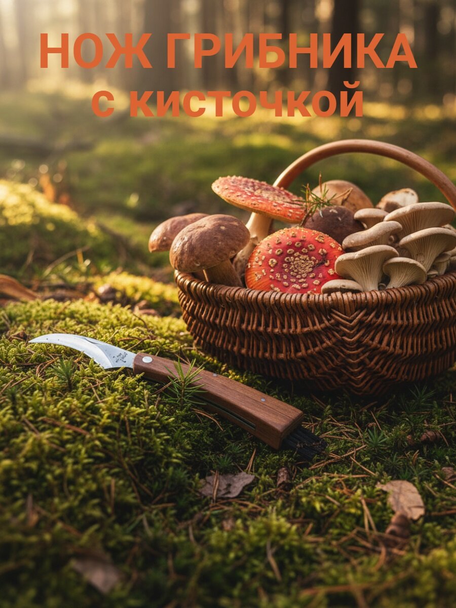 Нож грибника с кисточкой с деревянной рукояткой, складной