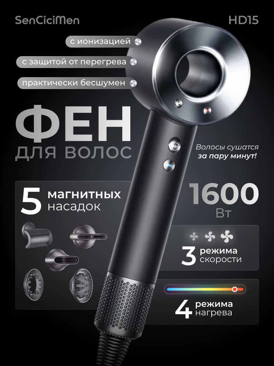 Фен для волос SenCiciMen Super Hair Dryer HD15 Grey