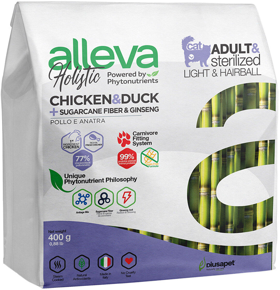 ALLEVA HOLISTIC ADULT CAT NEUTERED CHICKEN & DUCK беззерновой для взрослых кастрированных котов и стерилизованных кошек с курицей, уткой, волокнами сахарного тростника и женьшенем (0,4 кг)