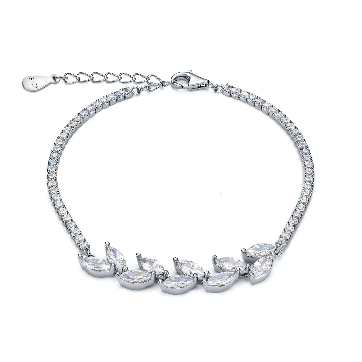 Браслет-цепочка, серебро, 925 проба, родирование, фианит