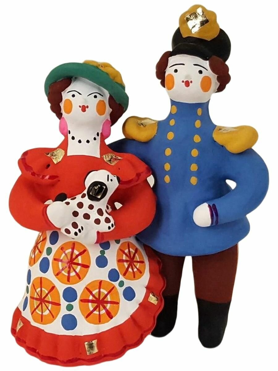 Композиция "Офицер с барыней" №1, Дымковская глиняная игрушка, ручная авторская работа