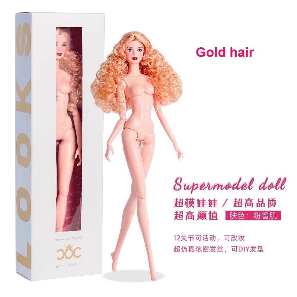 Кукла 1/6 резиновая обнаженная каштановые волосы 32 см pink normal skin 3, no box pack