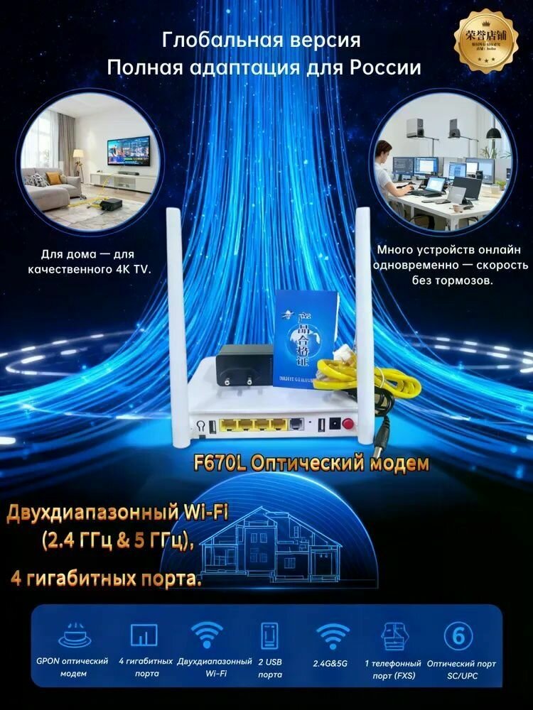 GPON ONT роутер F670L Оптический порт SC/UPC Двухдиапазонный Wi-Fi 5, 4xGbE, IPTV, VoIP