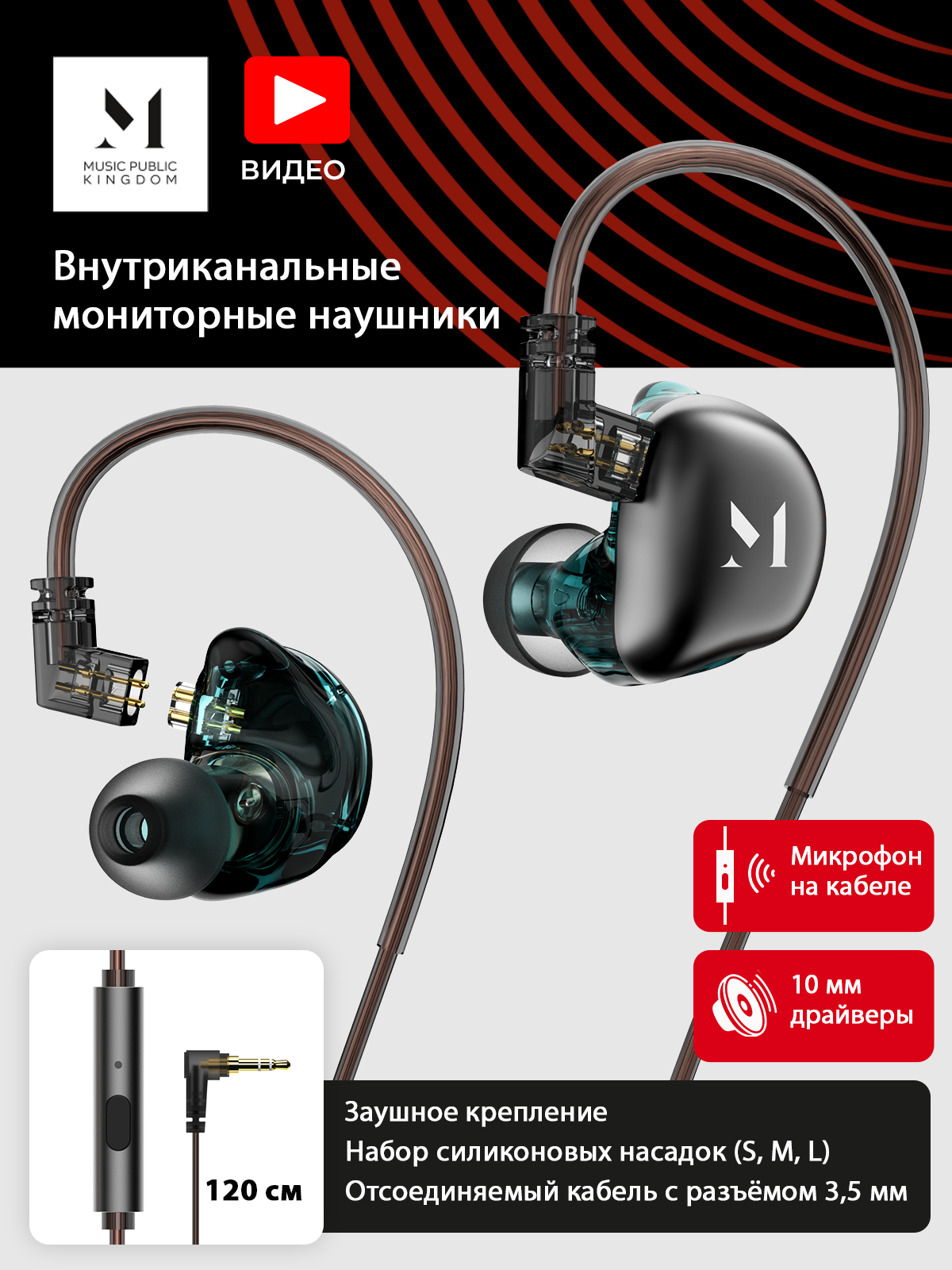 Проводные наушники Music Public Kingdom IEM100M, черный, с микрофоном